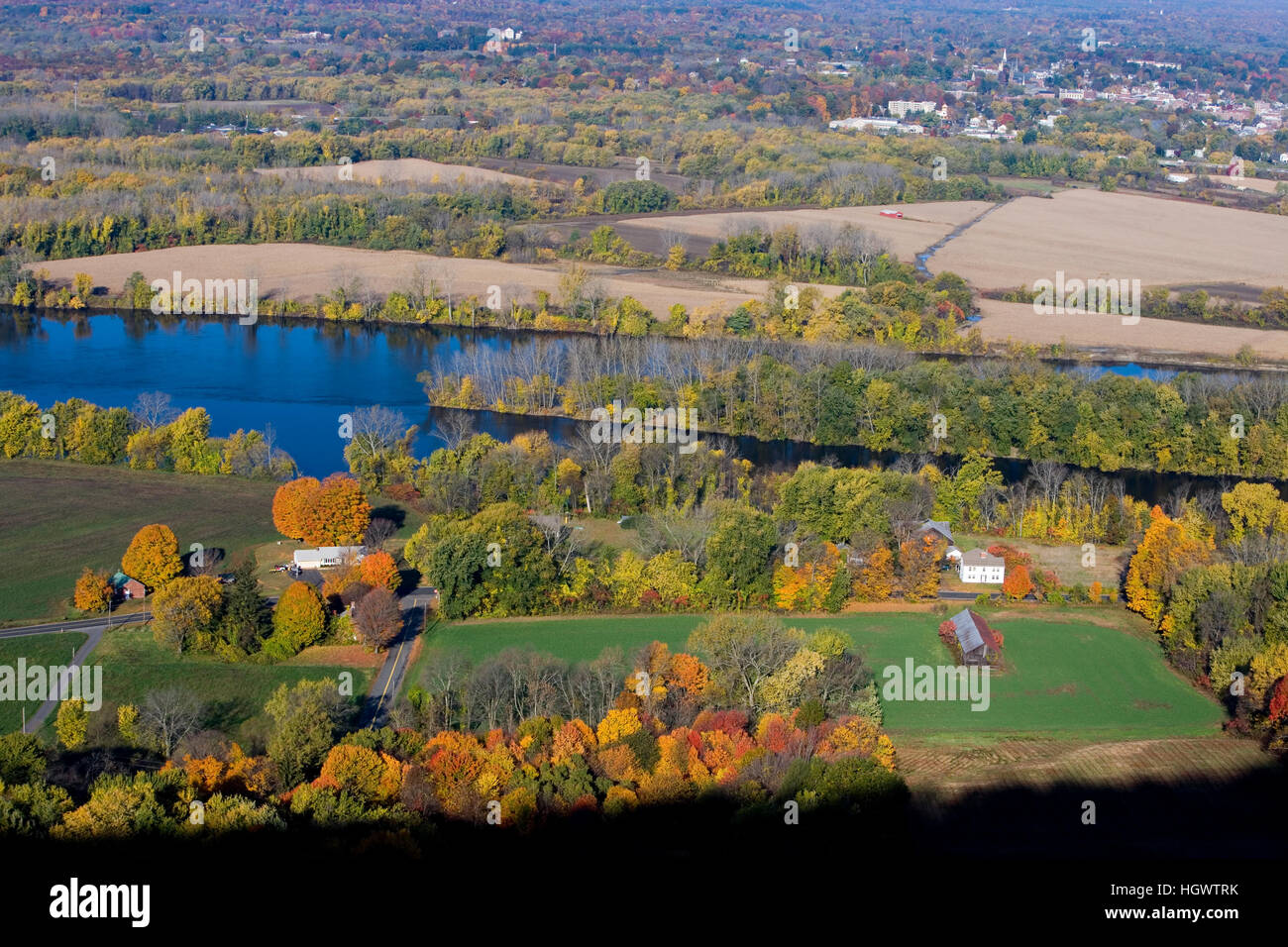 Farms, forest, and the Connecticut River in fall. Hadley, Massachusetts ...