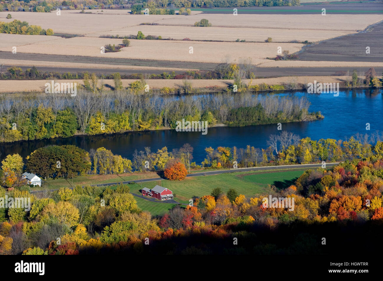 Farms, forest, and the Connecticut River in fall. Hadley, Massachusetts ...