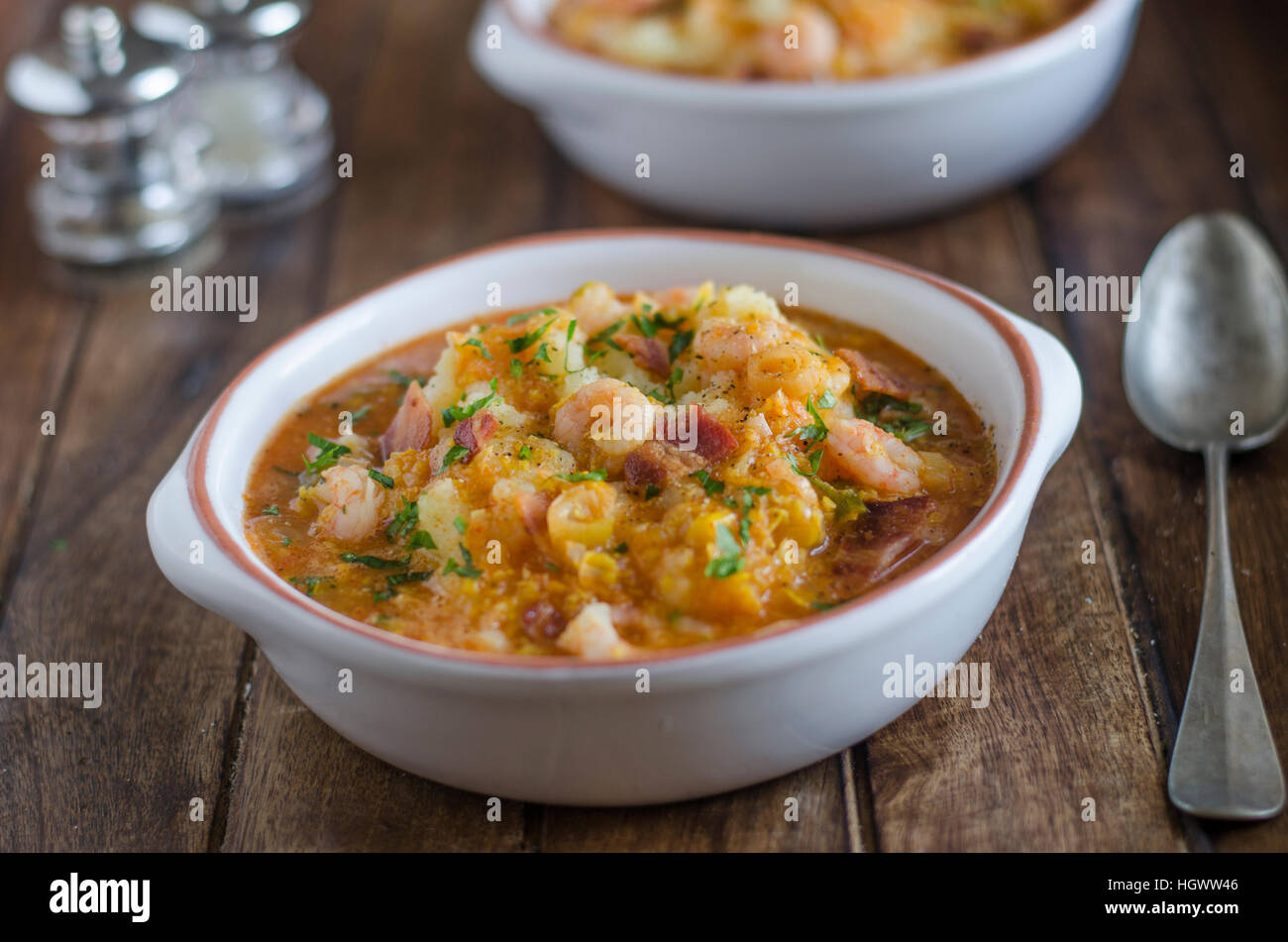 Prawn chowder with mashed potatoes Stock Photo - Alamy