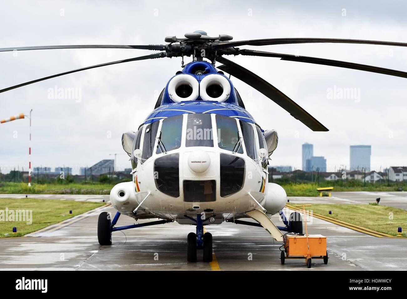 Detail with helicopter fuselage and rotor blade system on runway Stock ...