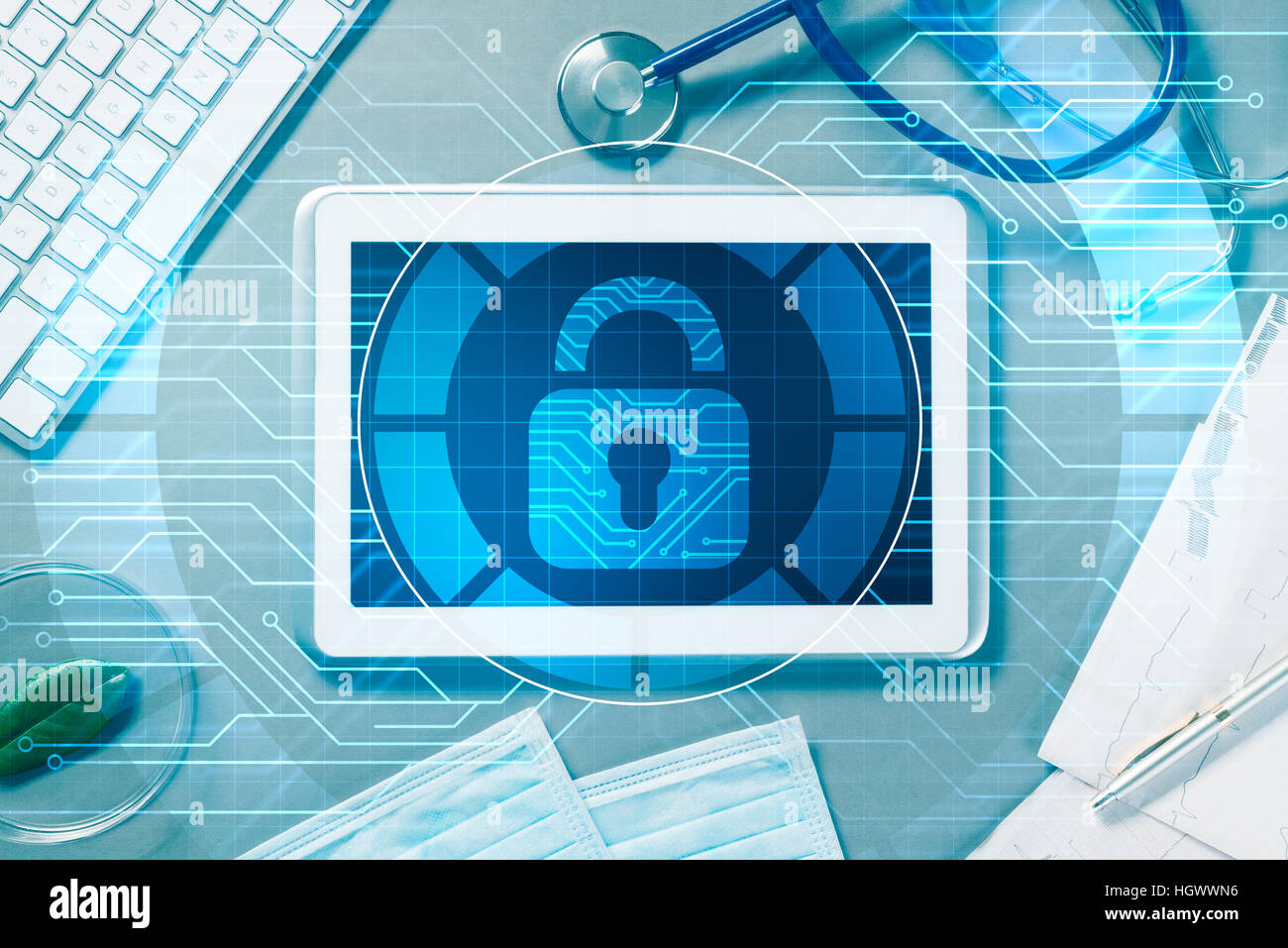 Top view of doctor workplace with tablet pc and medicine tools o Stock ...