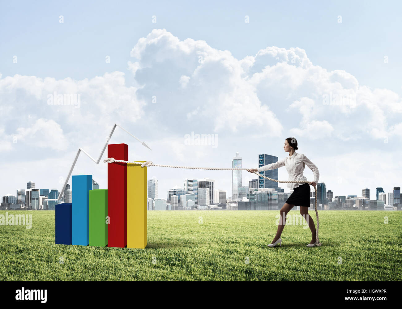 Businesswoman pulling arrow with rope and making it raise up Stock ...