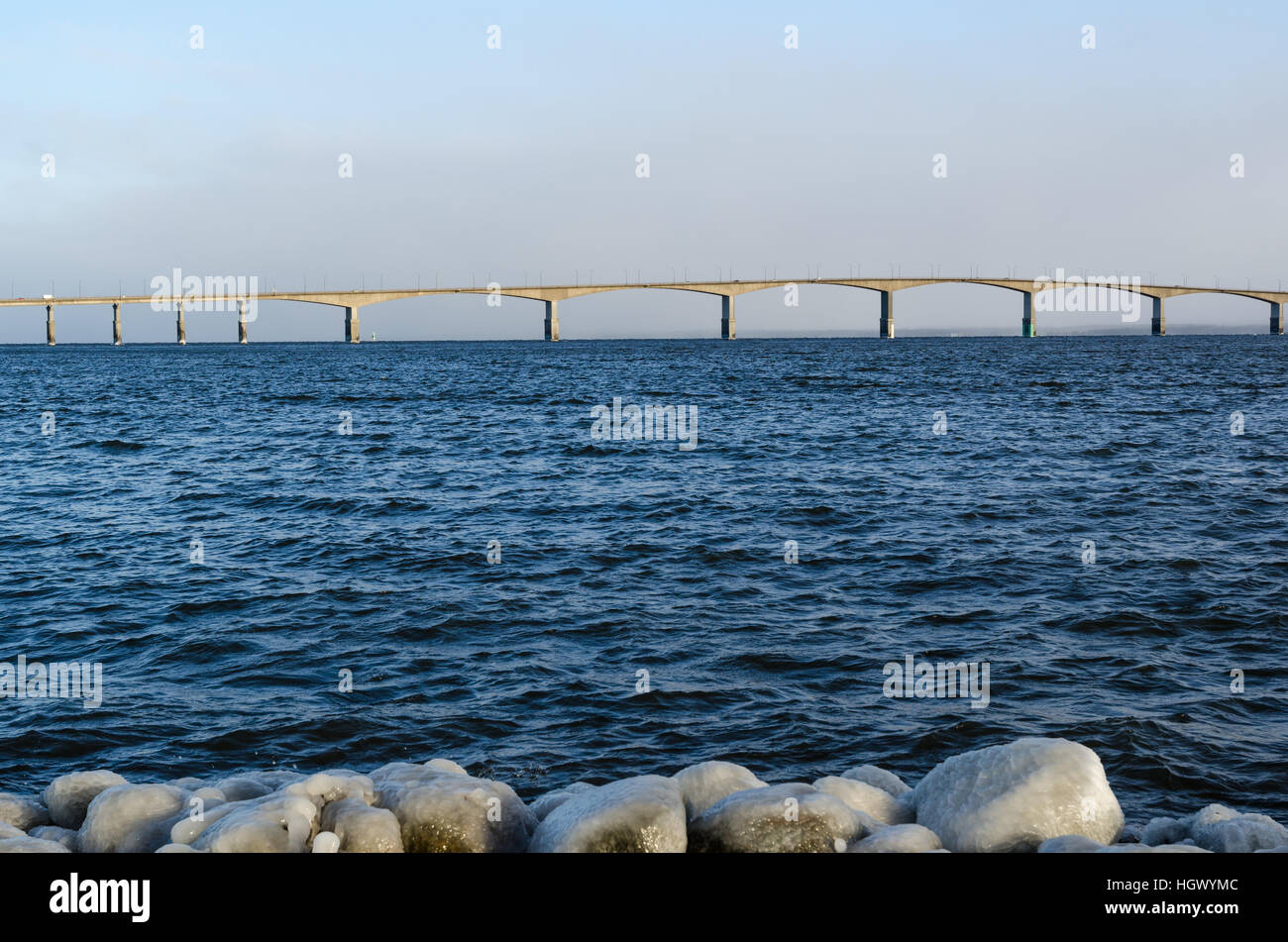 Winter view at the Oland Bridge from mainland Sweden. The bridge is ...