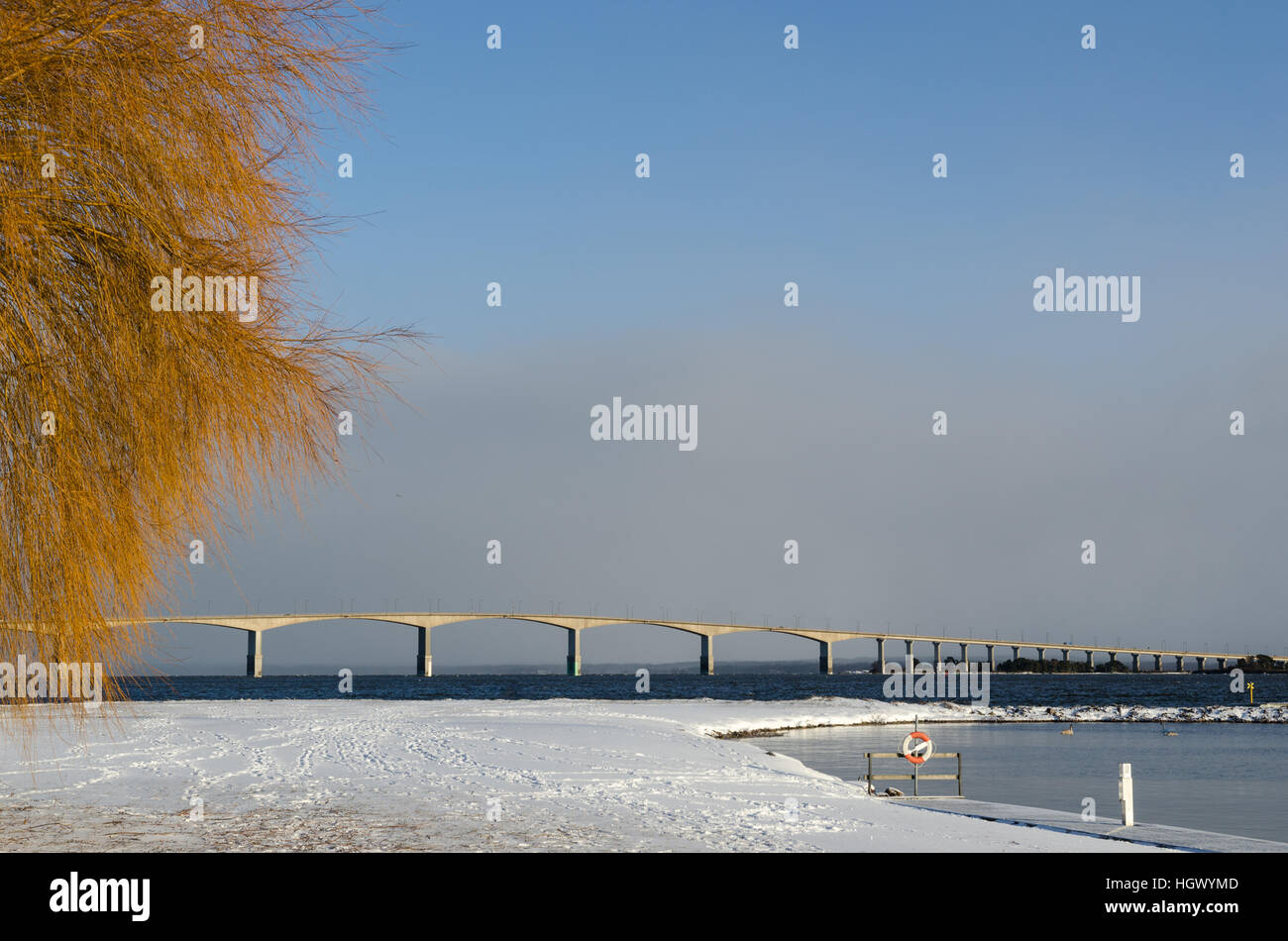 The Oland Bridge at winter season seen from Kalmar at mainland Sweden ...