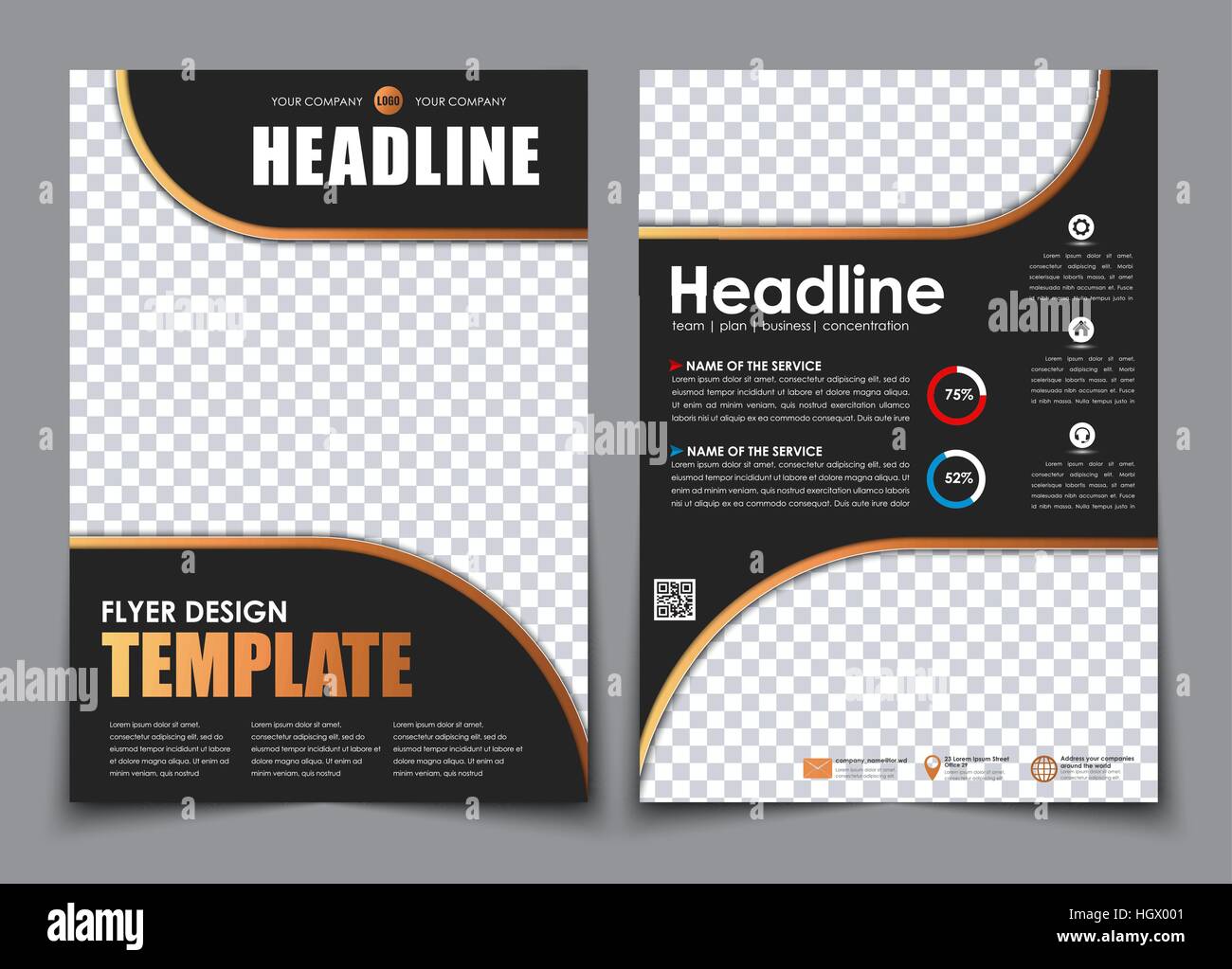 Template 2 A4 pages in black with bronze elements. flyer design with ...