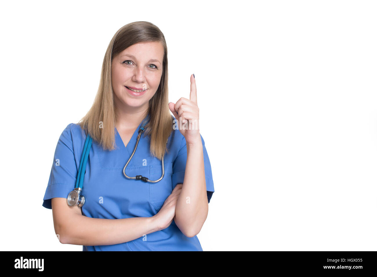 female doctor pointing up one finger Stock Photo - Alamy