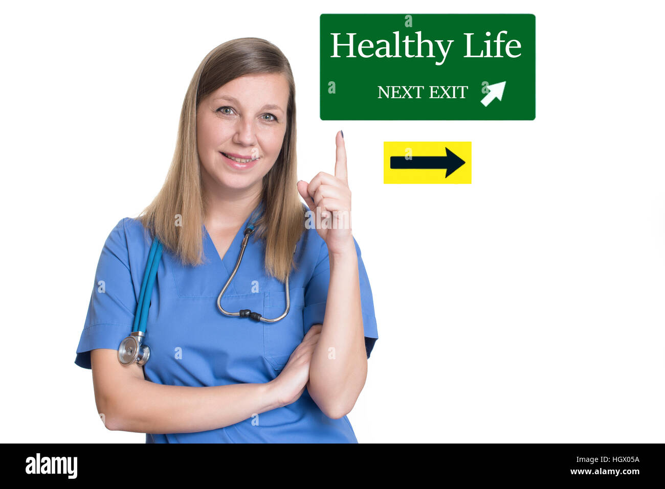 Female doctor pointing up one finger to Healthy life Stock Photo - Alamy
