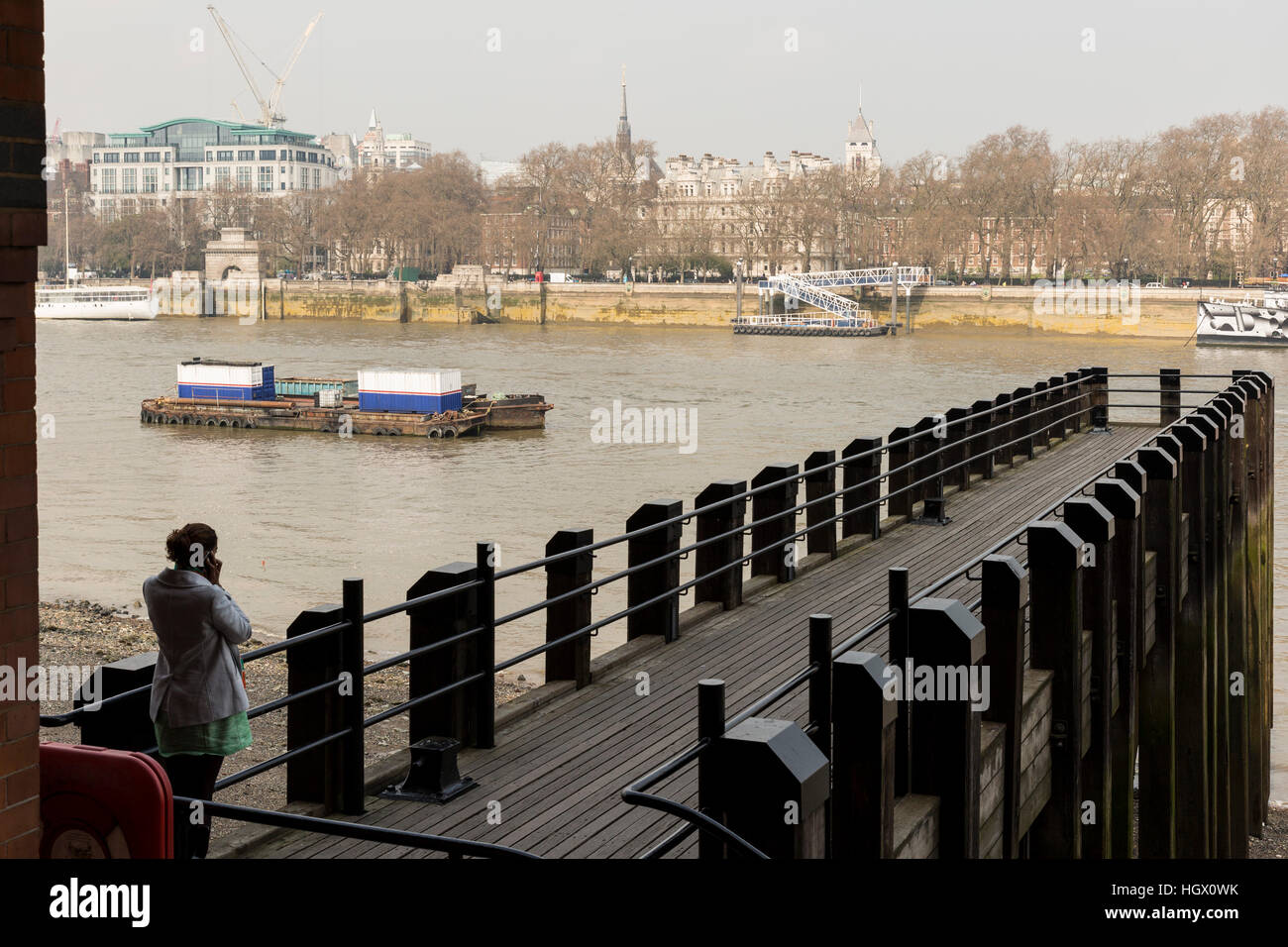 Dock on Thames River, Southbank, London, UK Stock Photo - Alamy