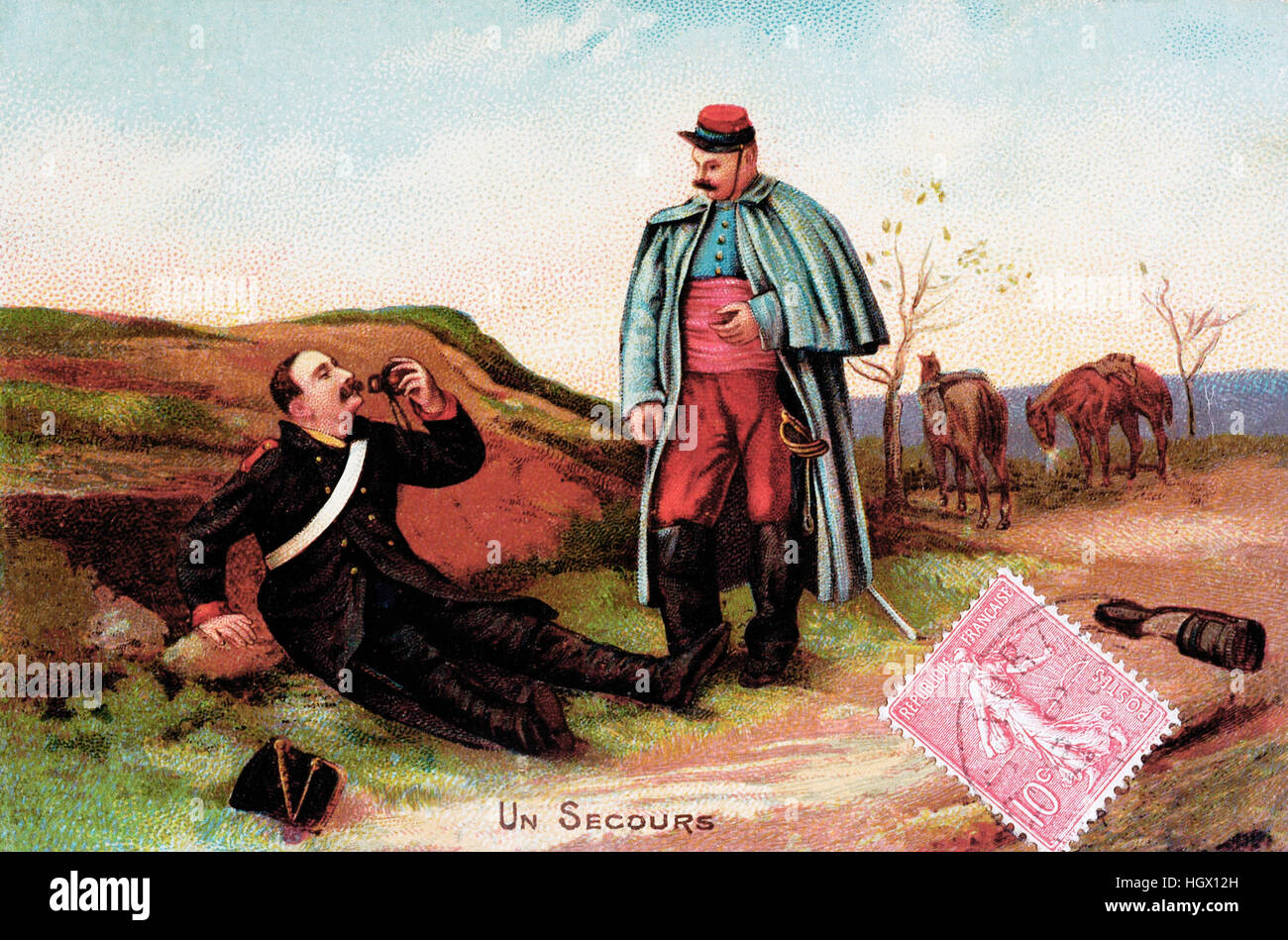 Reproduction of an old postcard of a military rescuing another soldier ...