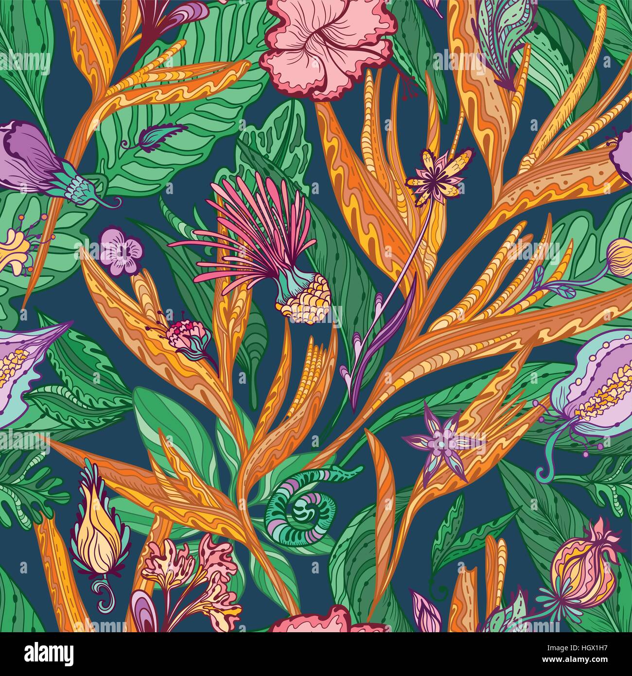 Seamless sketch outline hand painted background with exotic flowers and ...