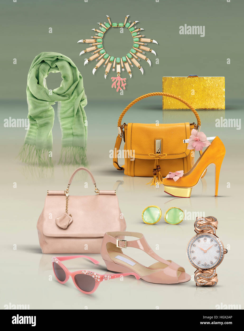 fashion stuff on a green background Stock Photo - Alamy
