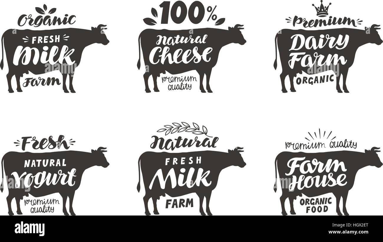 Cow. Vector set food labels, badges and icons. Lettering milk, cheese ...