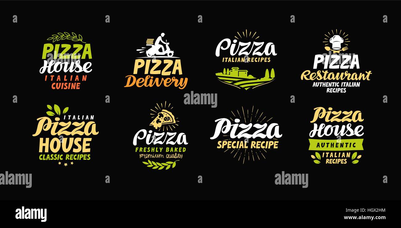 Vector pizza set icons, labels, symbols, signs, design elements Stock ...