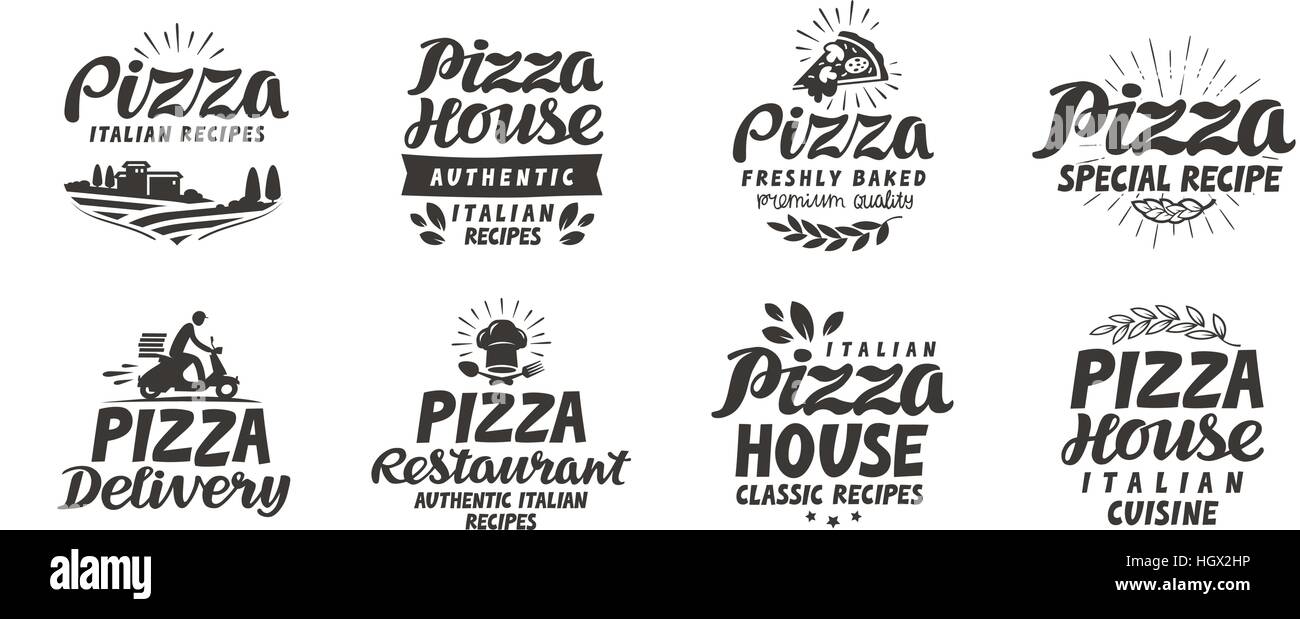 Pizza, food set icons. Collection lettering, labels for menu design ...