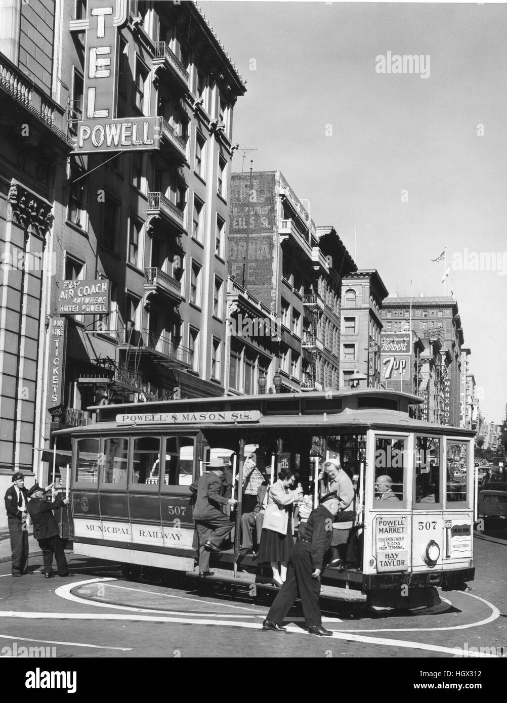 A cable car turns on the turn-table at the start of its route. San ...