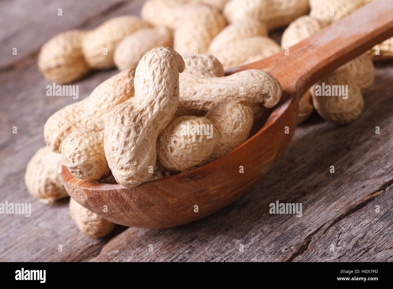 peanuts in shell closeup in brown wooden spoon on old table. macro ...