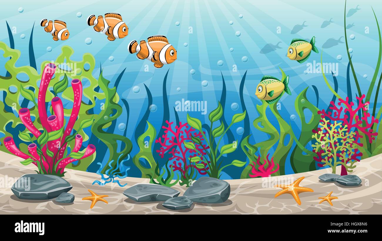 Illustration of underwater landscape with fish and stones Stock Vector ...