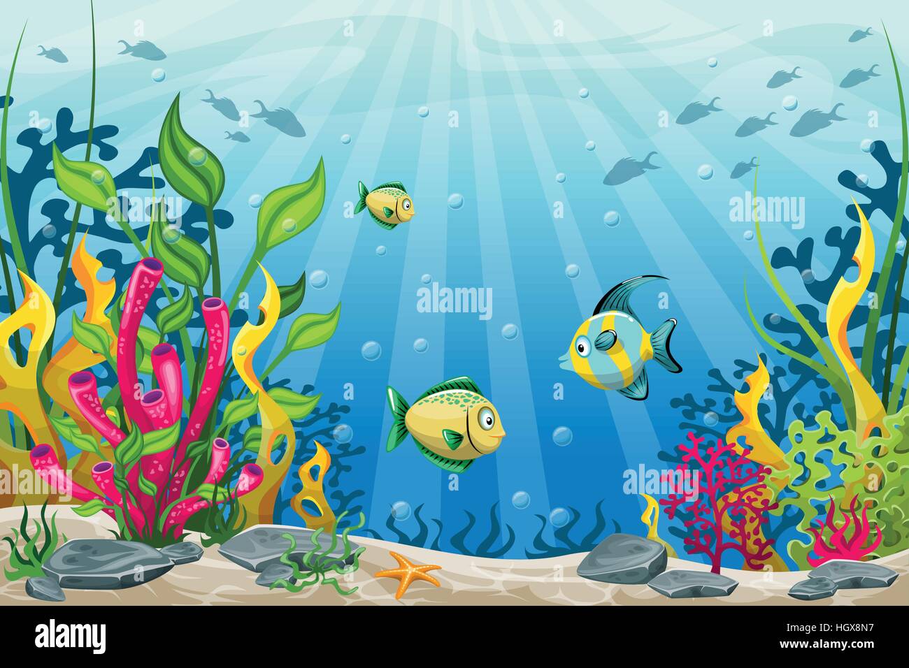 Illustration of underwater landscape with fish and stones Stock Vector ...