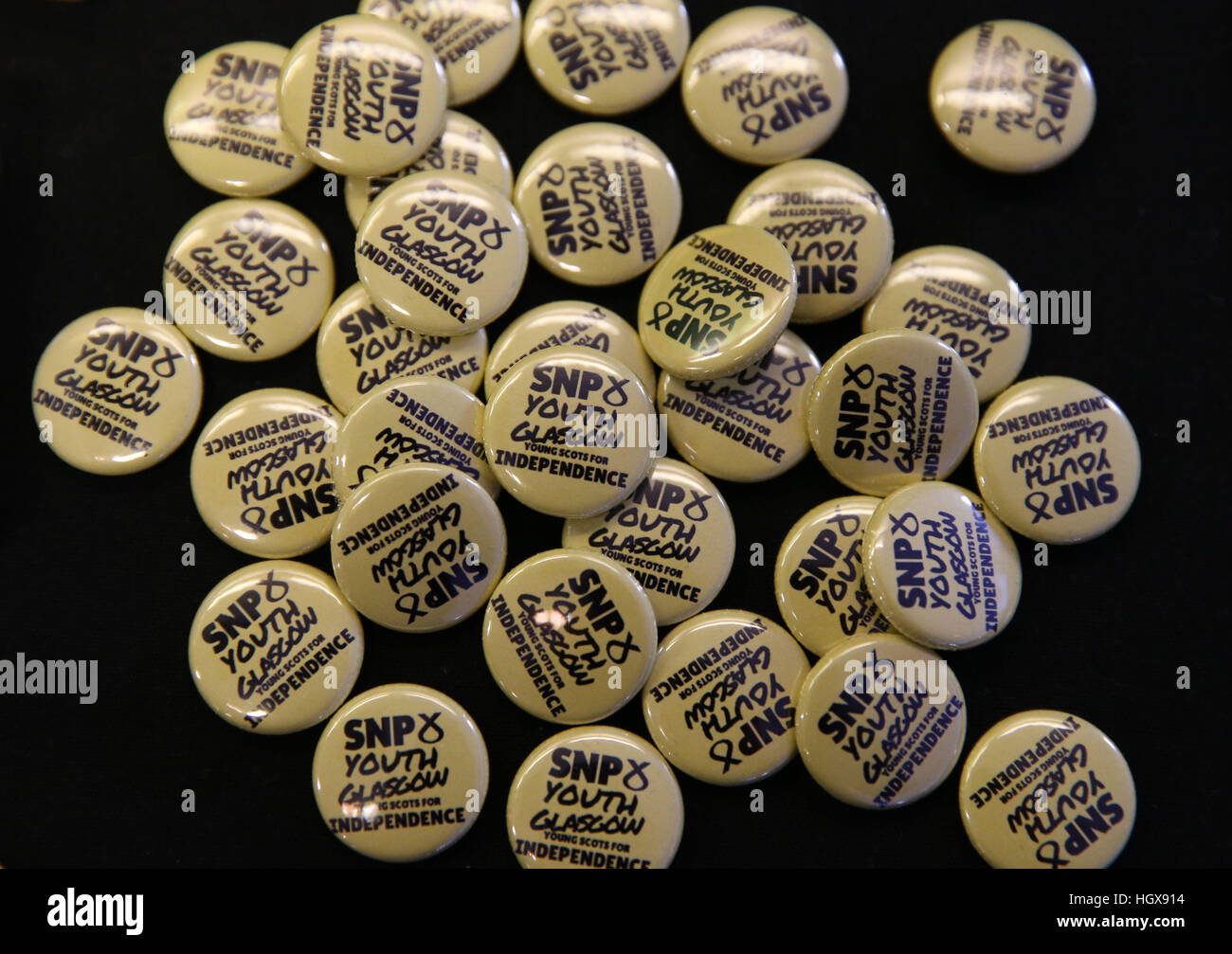 SNP Youth Glasgow badges on display at a stall at the Scottish ...