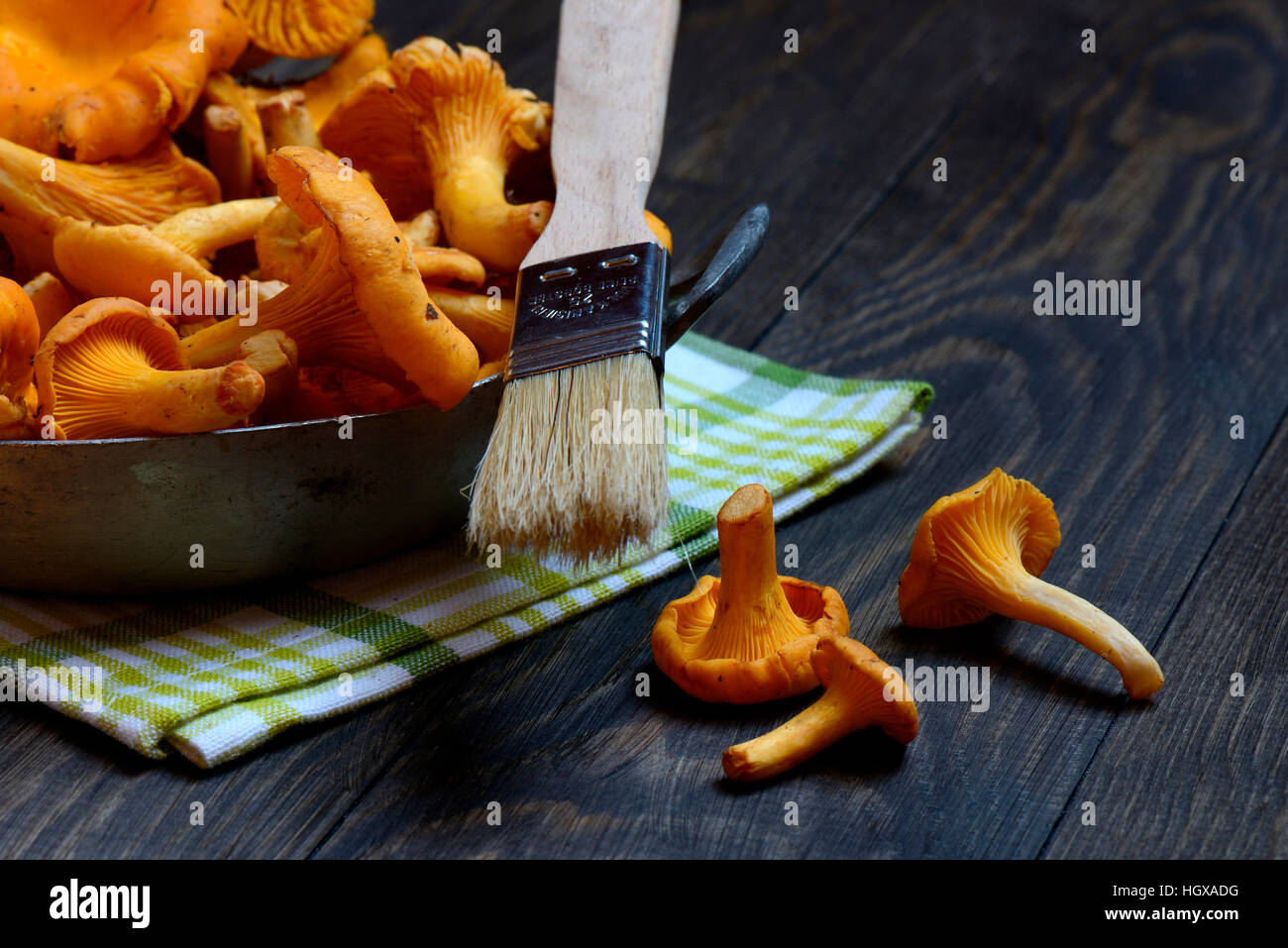Pfifferlinge mit Pinsel, Pilze putzen Stock Photo - Alamy