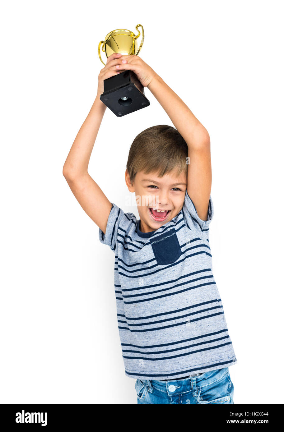 Little Boy Kid Adorable Cute Winning Trophy Portrait Concept Stock ...
