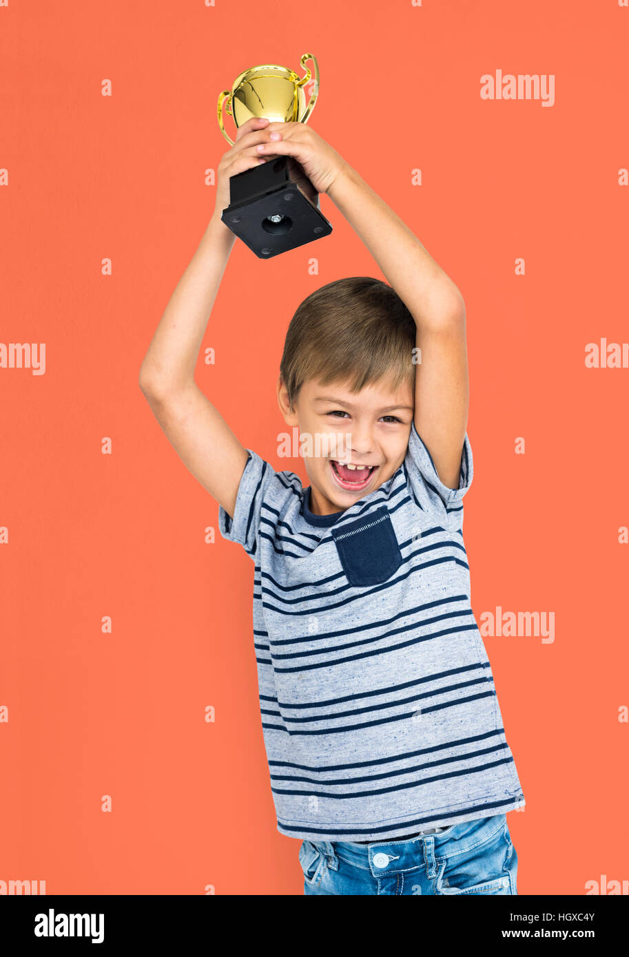 Little Boy Kid Adorable Cute Winning Trophy Portrait Concept Stock ...