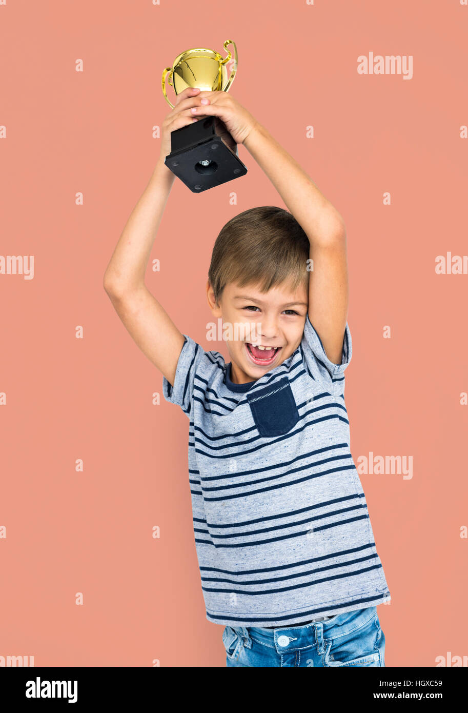 Little Boy Kid Adorable Cute Winning Trophy Portrait Concept Stock ...