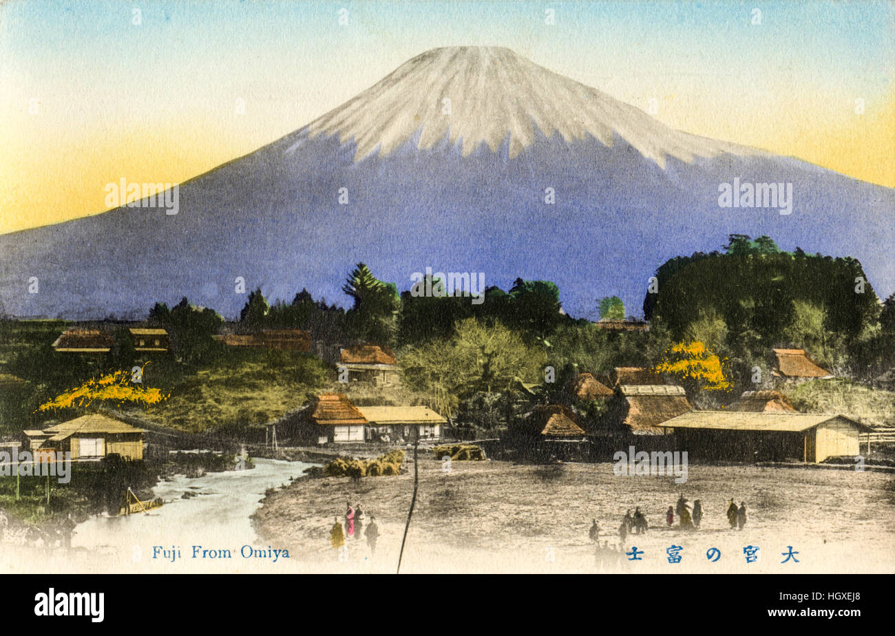 Japan, Omiya. Vintage postcard hand coloured. Mt Fuji, Fuji-san, snow ...