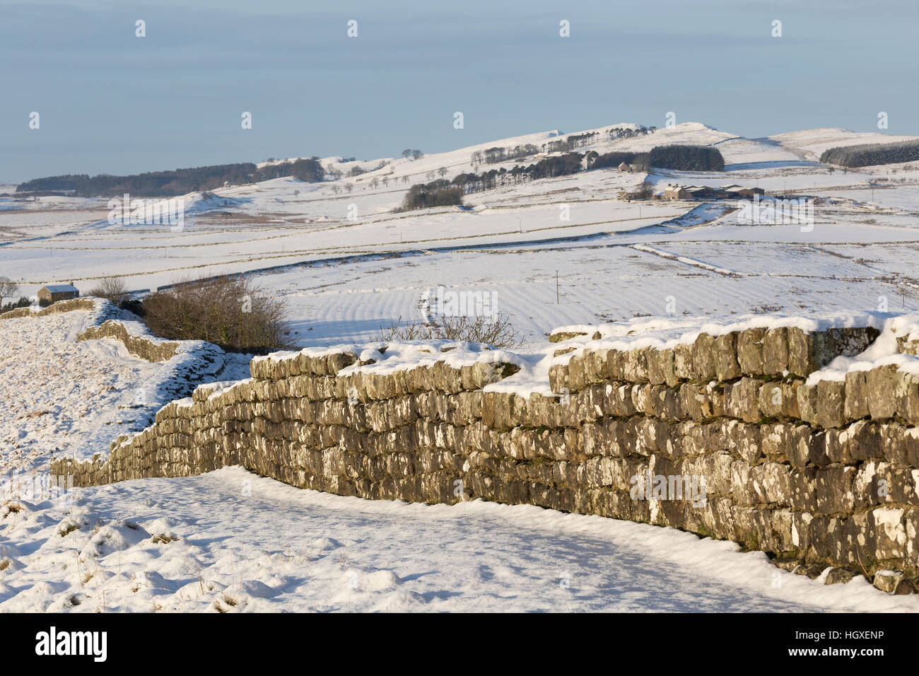 Hadrian's Wall under a covering of snow - looking west towards Cawfield ...