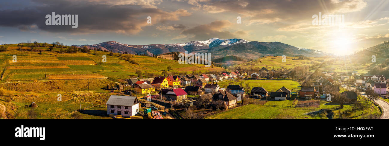 Early spring rural landscape. Panorama of village near the fields on ...