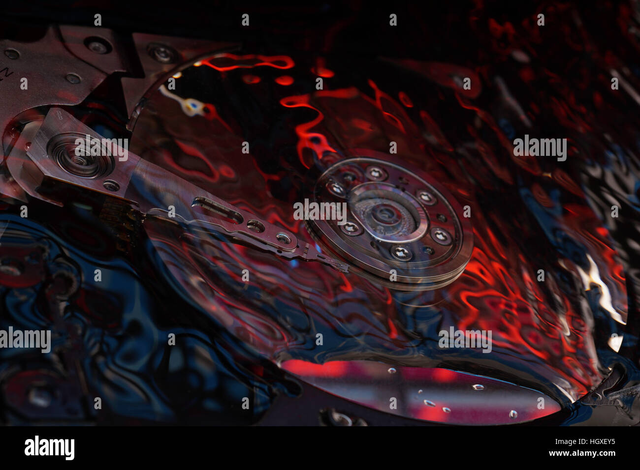 Opened Computer hard disk drive in studio with dark red and blue ...