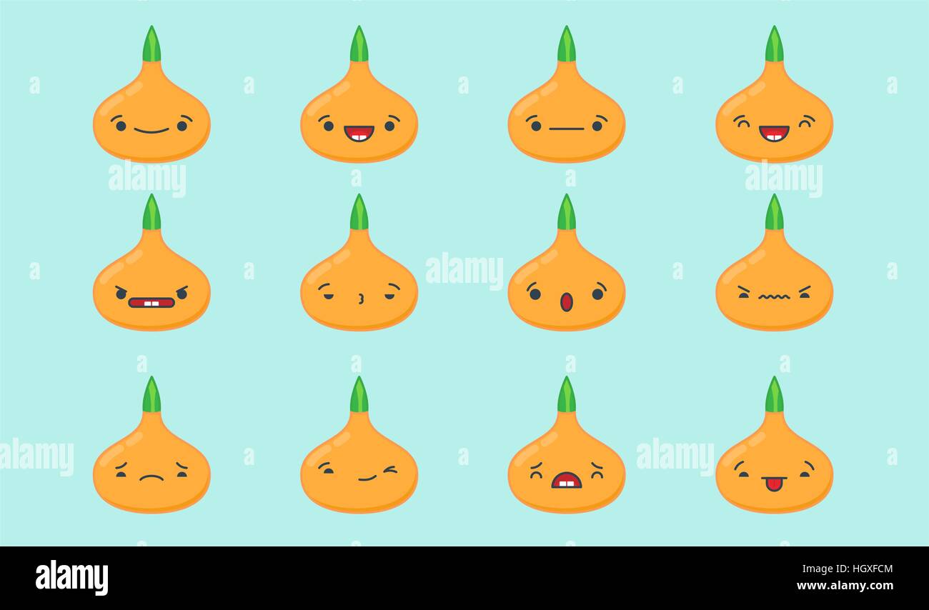 Set of vector kawaii onion emoticons. Isolated on light blue background ...
