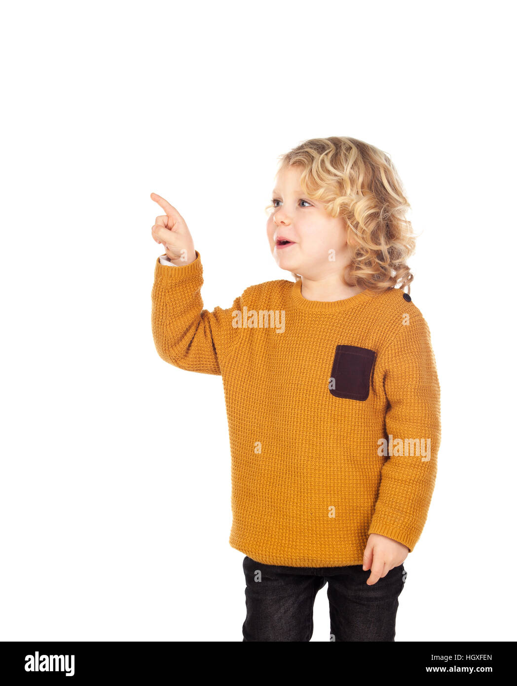 Cute kid pointing with his finger isolated on white background Stock ...