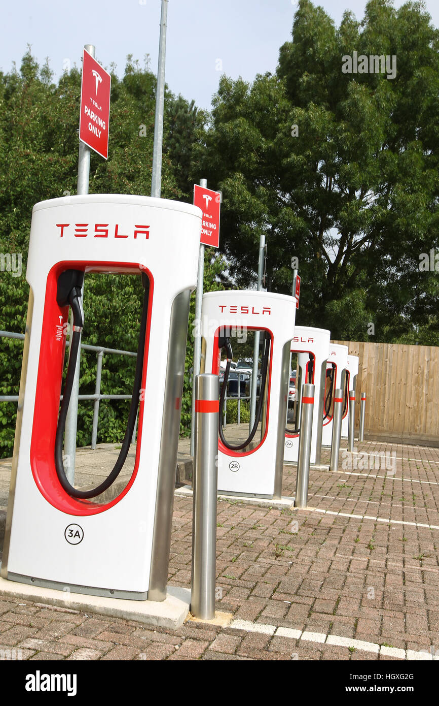 Empty Tesla electric car vehicle charging stations, England, UK Stock ...