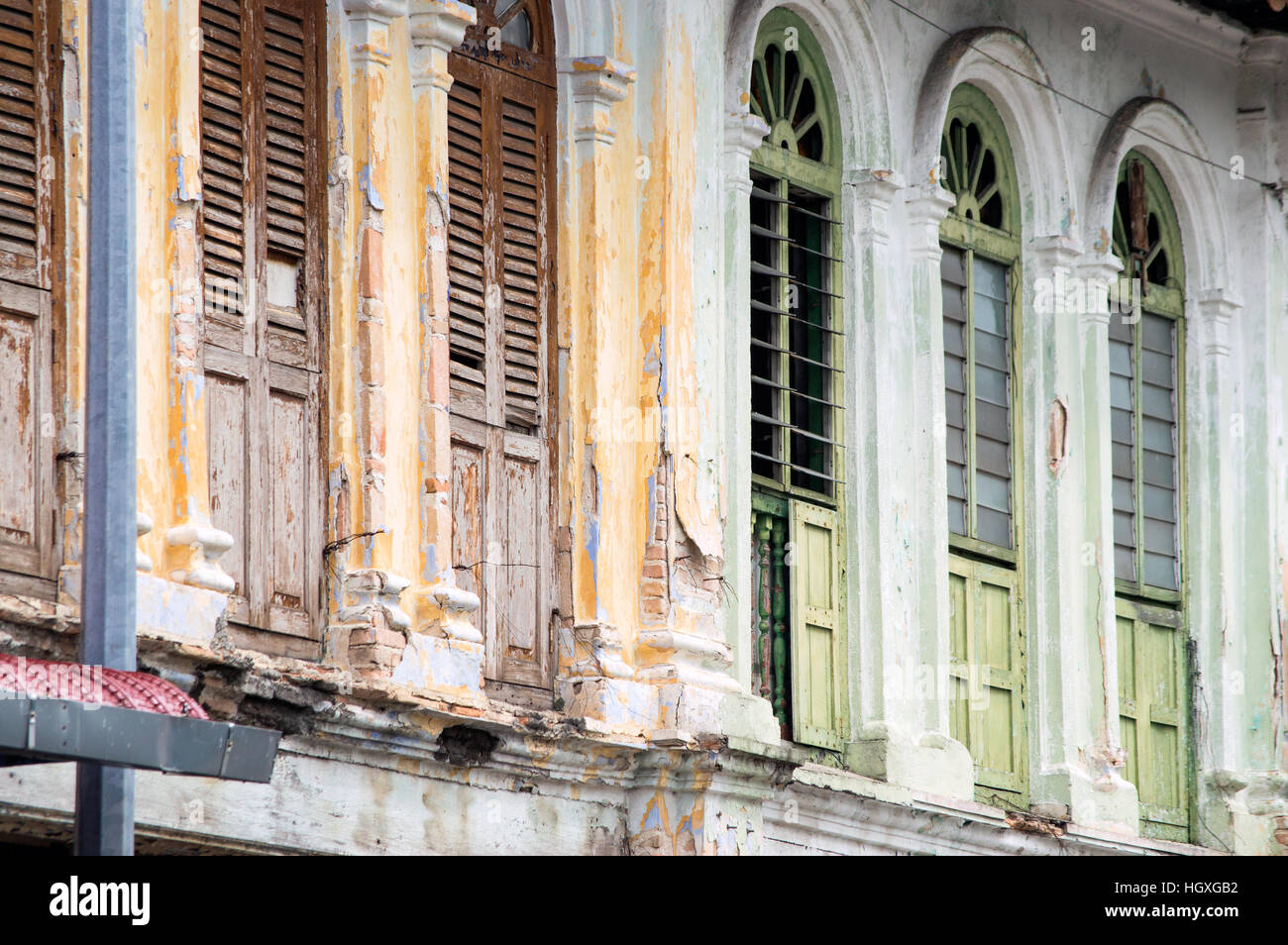 Upper level window shutters on period building, old town, Ipoh, Perask ...