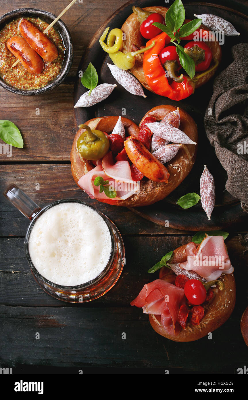 Variety of meat snacks in pretzels Stock Photo - Alamy