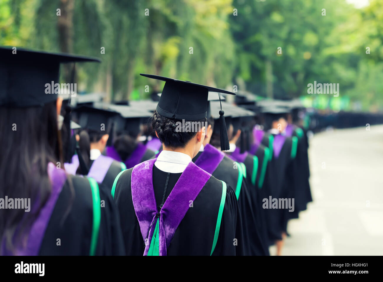 Back of graduates during commencement at university. Close up at ...