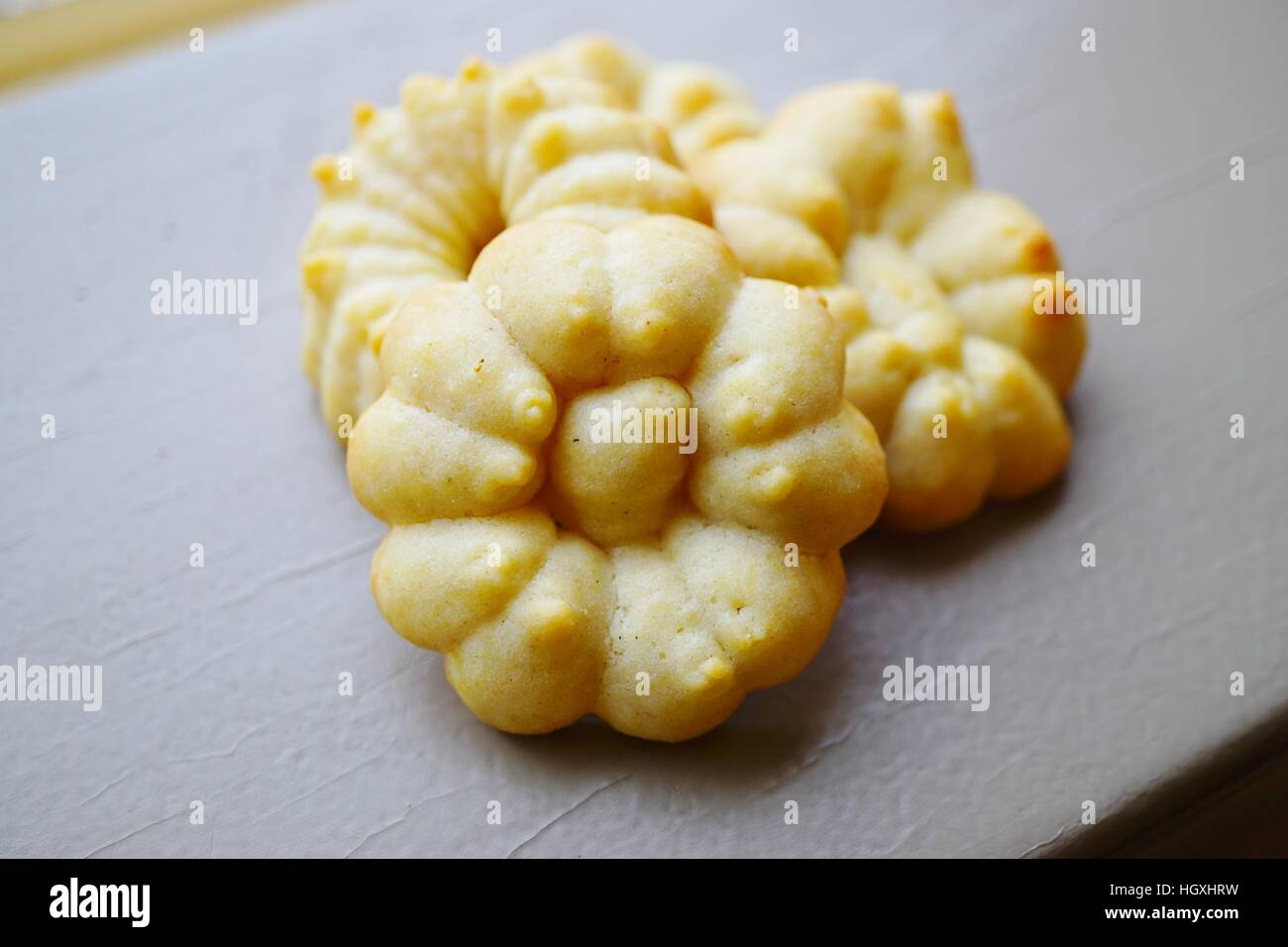 Homemade flower shaped butter cookies made with a cookie press Stock ...