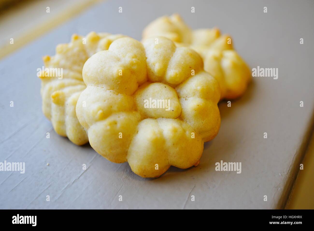 Homemade flower shaped butter cookies made with a cookie press Stock ...