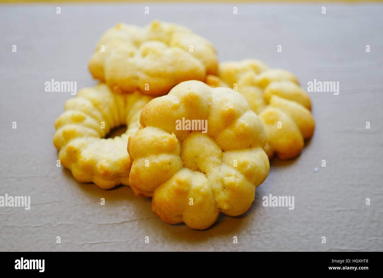 Homemade flower shaped butter cookies made with a cookie press Stock ...