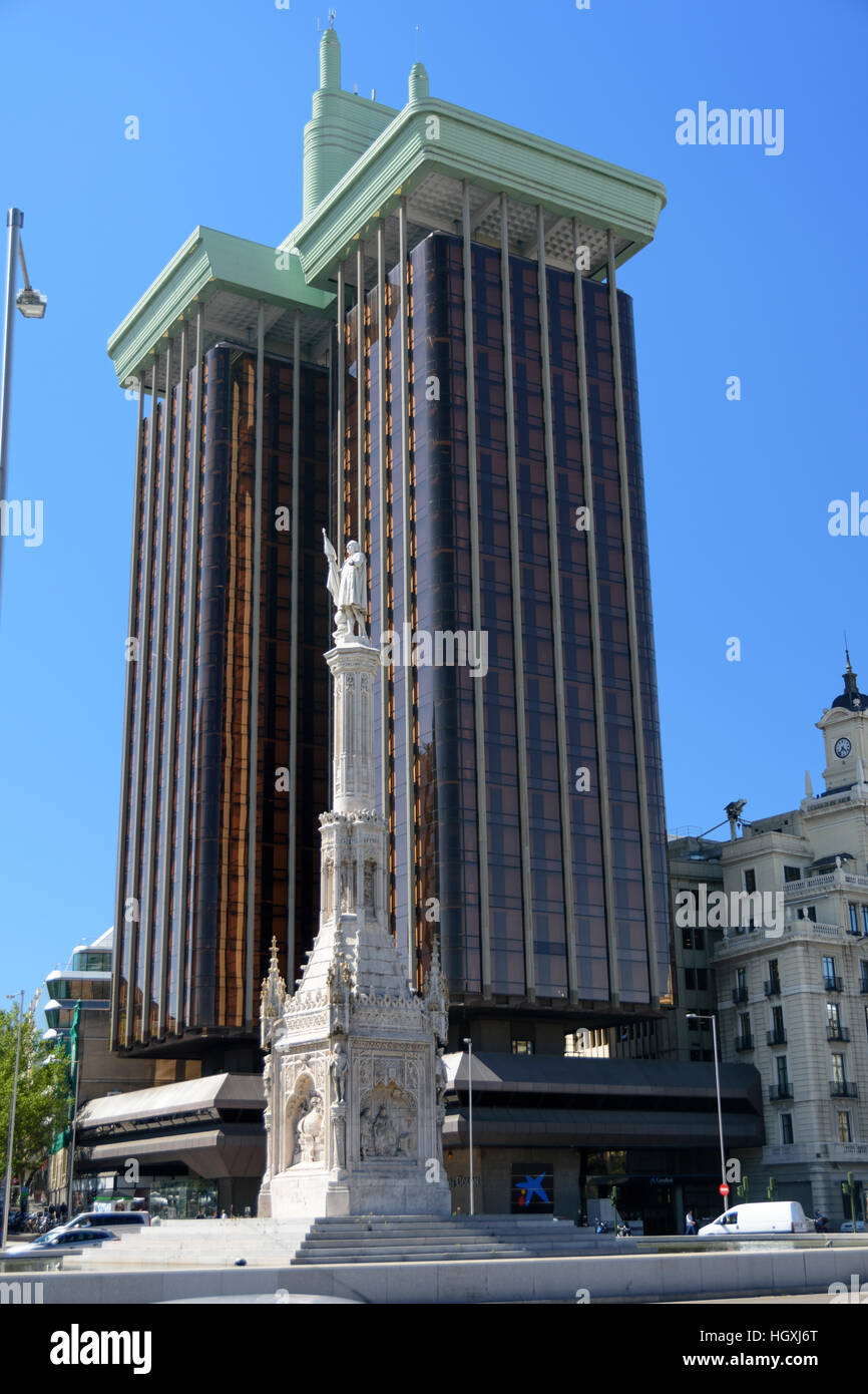 Madrid, Spain. Modern building (Torres de Colon) on the Plaza de Colon ...