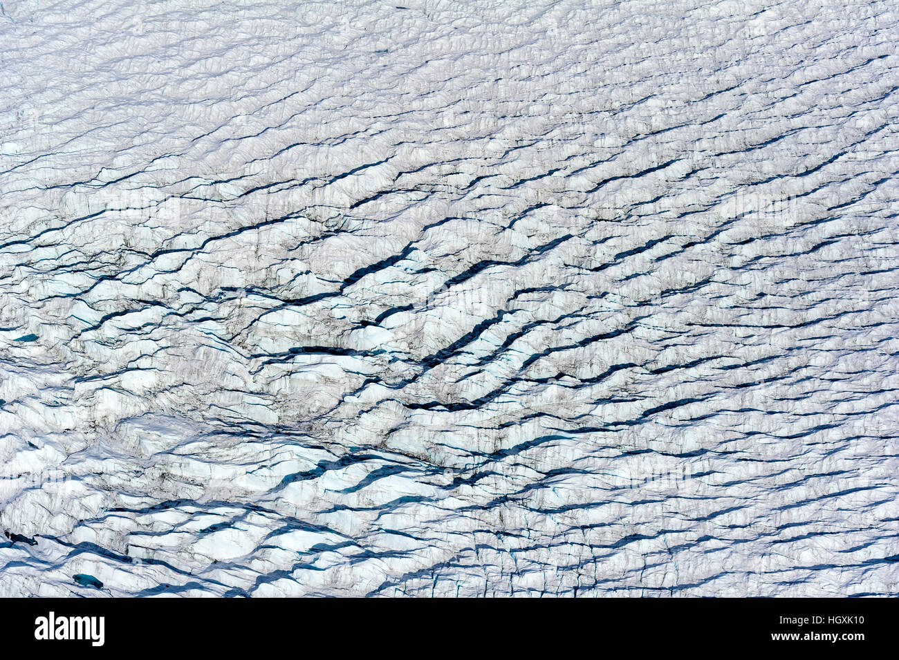 Pressure ridges and crevasse scar the surface of a glacier on the ...