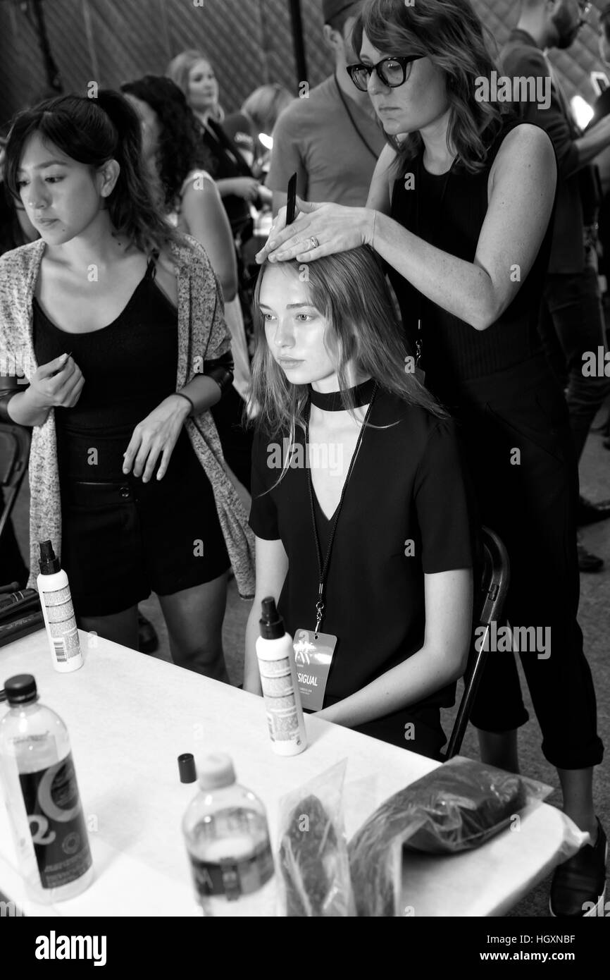 New York, USA - September 08, 2016: Tayla Marie Mayo prepares backstage ...
