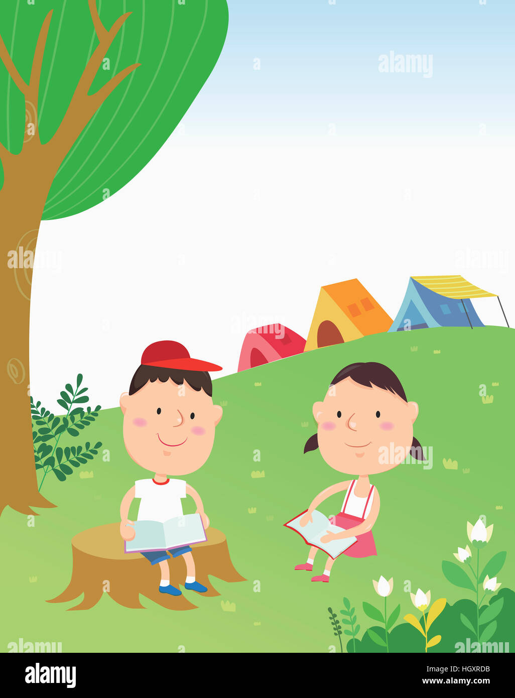 Smiling kids reading books during summer vacation Stock Photo - Alamy