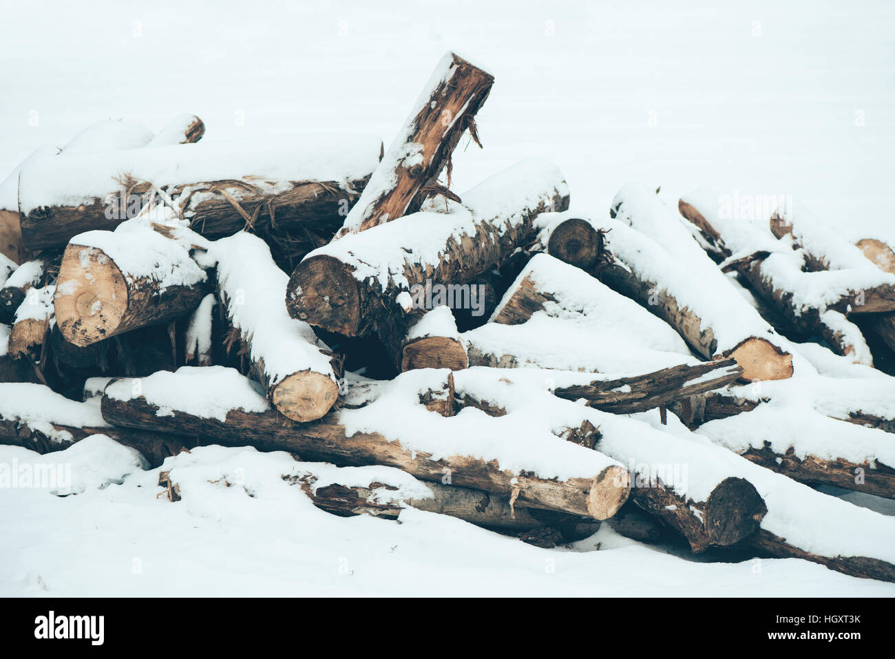 Pile of cut wood logs under white winter snow Stock Photo - Alamy