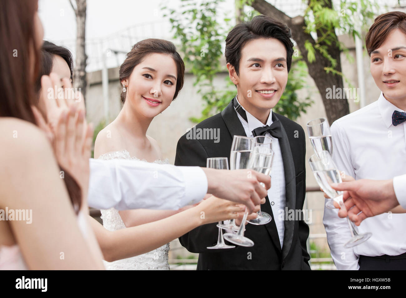 Smiling wedding couple and their friends Stock Photo - Alamy