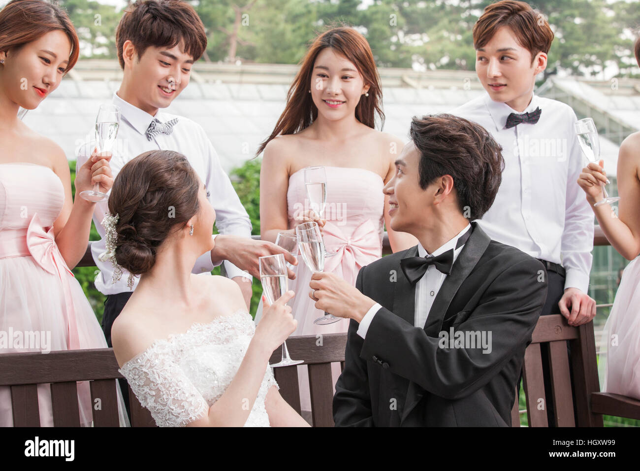Romantic wedding couple and their friends Stock Photo - Alamy