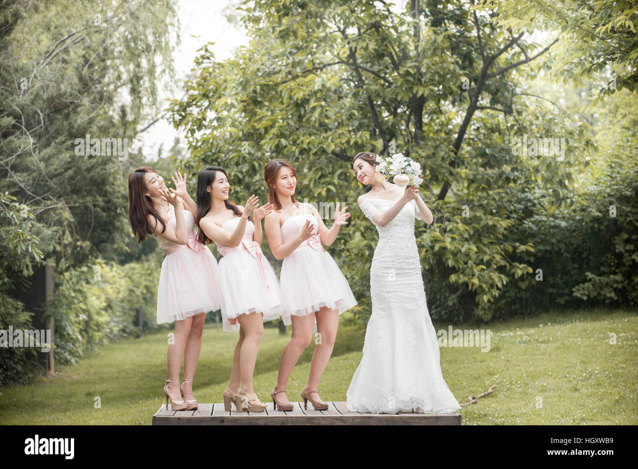 Smiling bride and her friends Stock Photo - Alamy