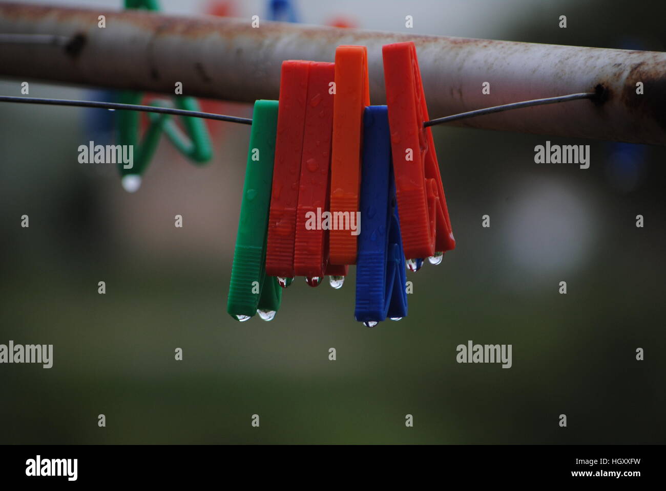 coloured plastic pegs on a washing line Stock Photo - Alamy