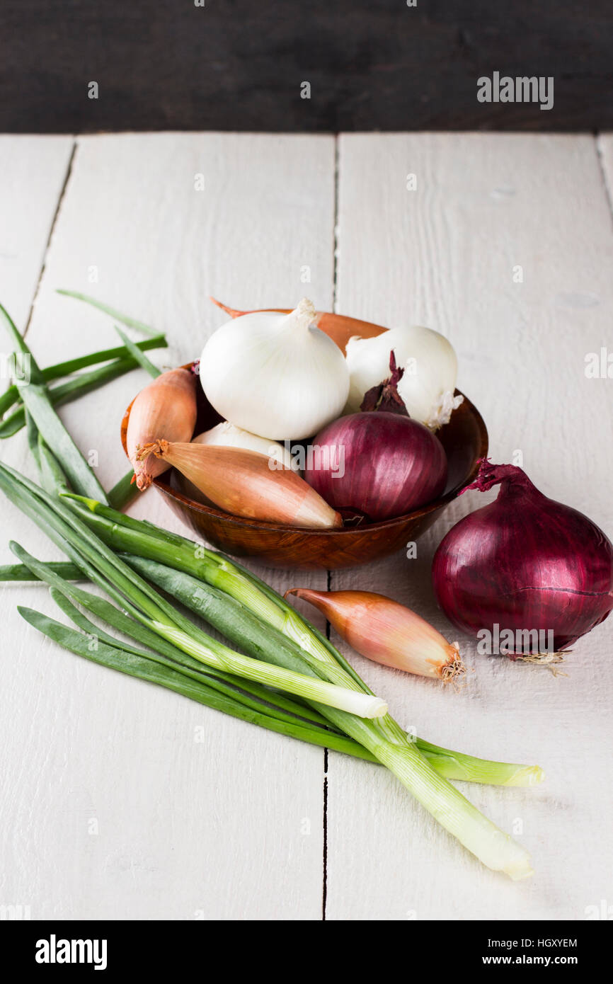 Various grades of onions: white, yellow, red onions, shallot, green ...